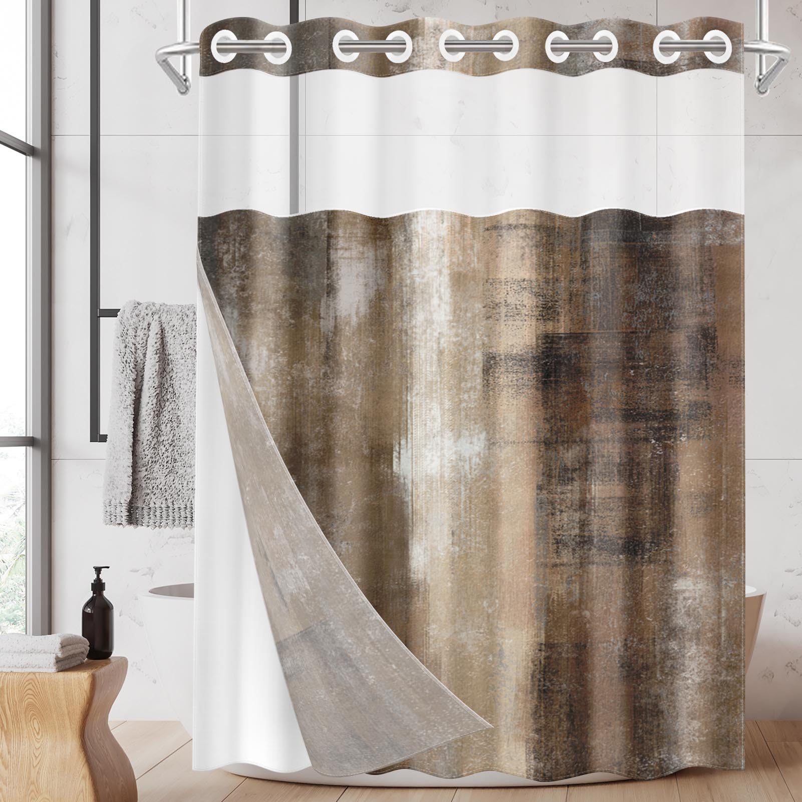 Amazon.com: Nesphy No Hook Brown Grey Painting Shower Curtain with Snap ...