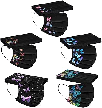 50 Pack Black Disposable Facemasks with Designs for Women, 3 Ply Flower ...
