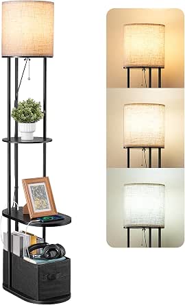 EDISHINE Floor Lamp with Shelves, Storage Drawer, 3 Color Temperatures ...