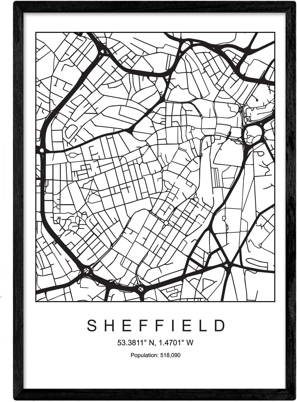 Sheet Sheffield city map Nordic style black and white. A3 size poster ...
