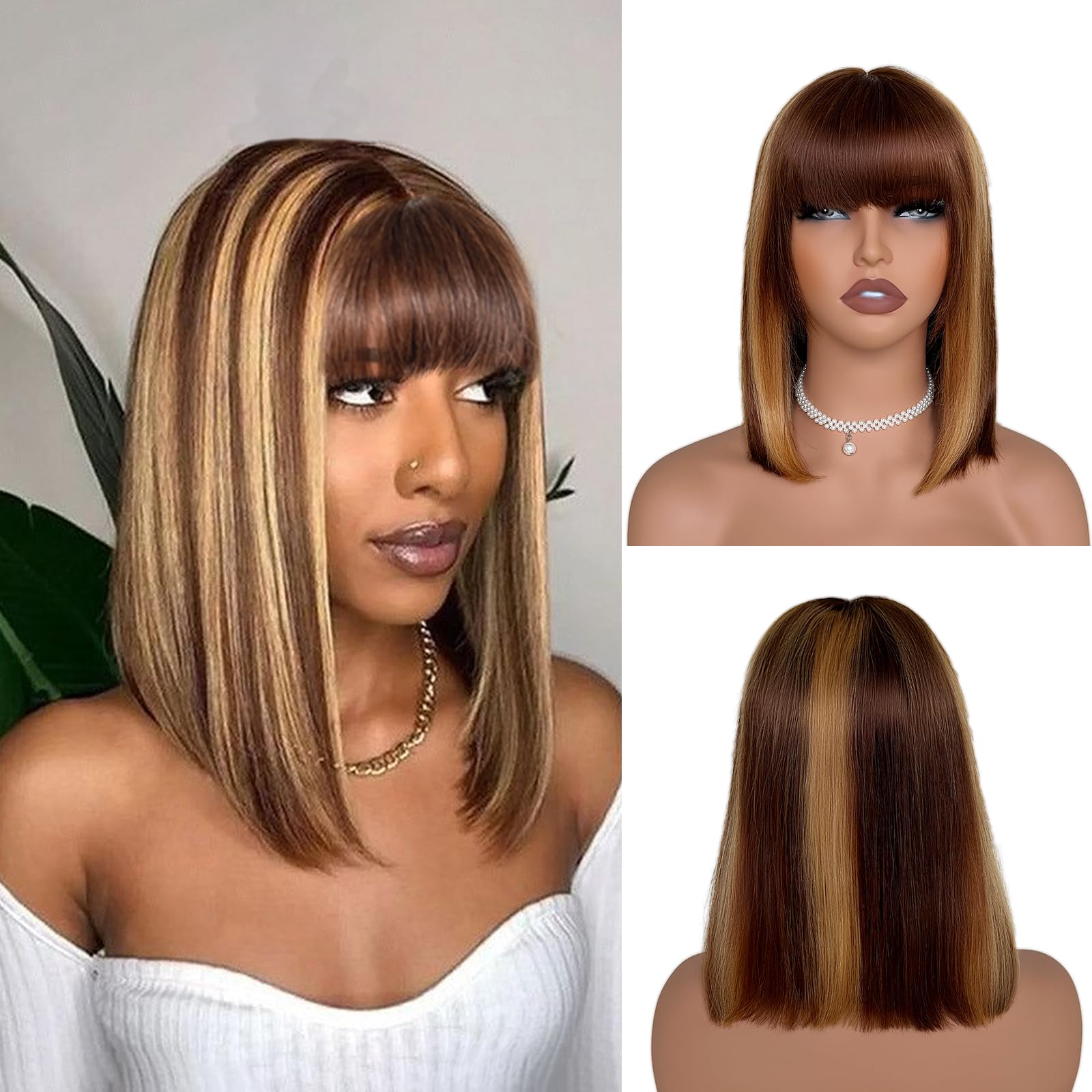 Amazon.com : weiqi Bob Wig Human Hair with Bangs Glueless Straight ...
