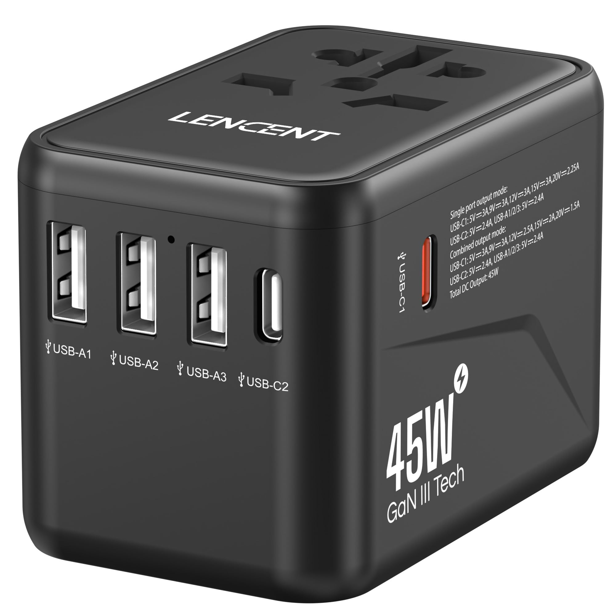Amazon.com: LENCENT Universal Travel Adapter, GaN III 45W International ...