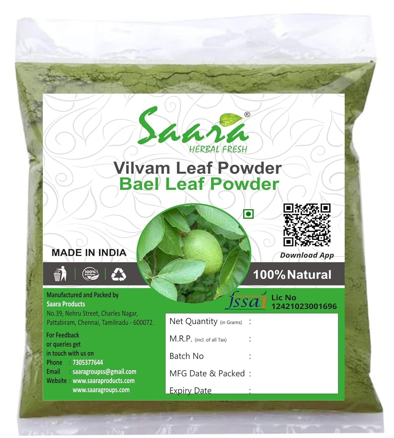 Buy Saara HERBAL FRESH Vilvam Leaf Powder,300g, Bael Leaf, Maredu ...