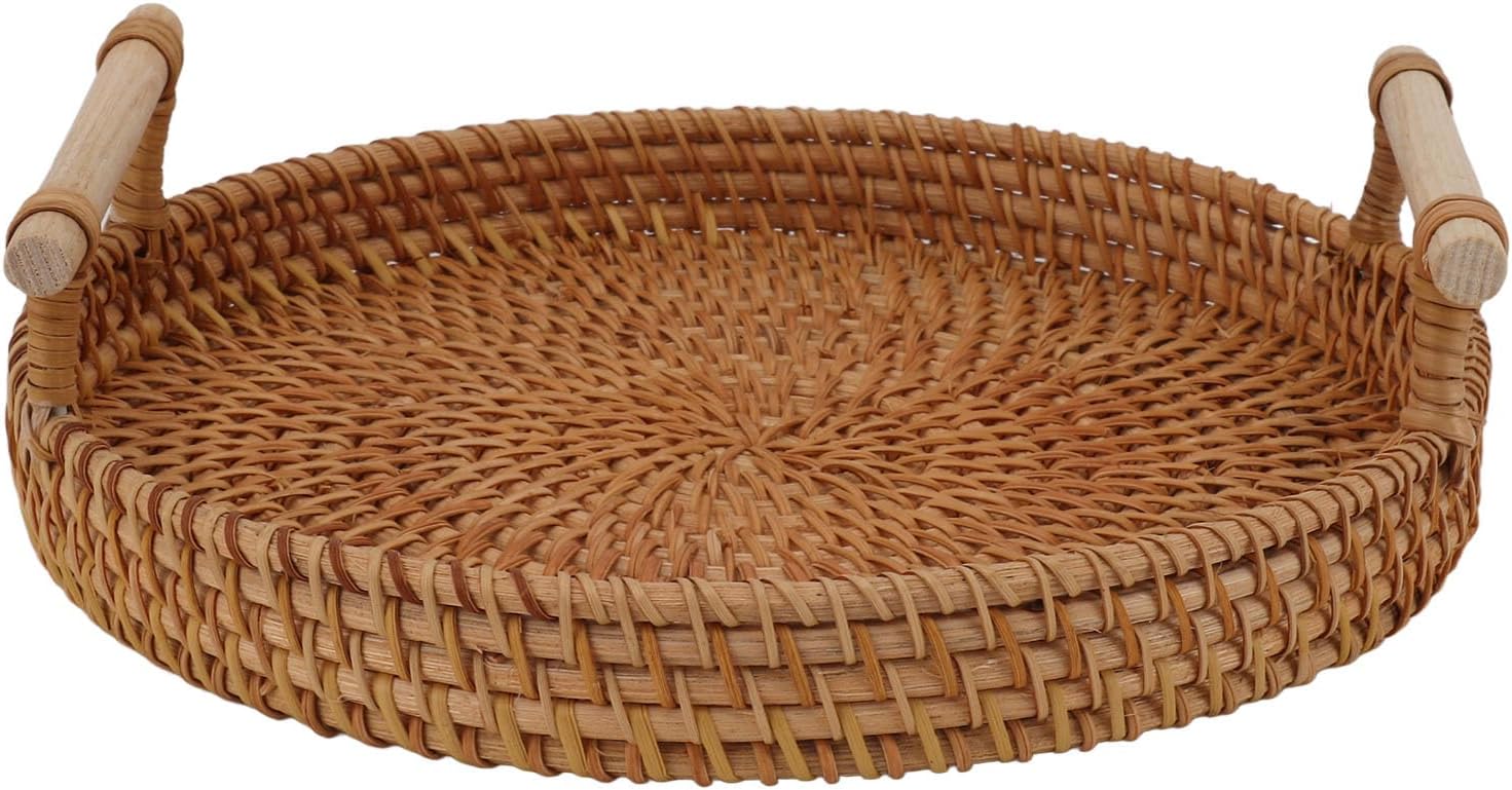 Amazon.com: Round Wicker Basket, Serving Tray with Handles Rattan ...