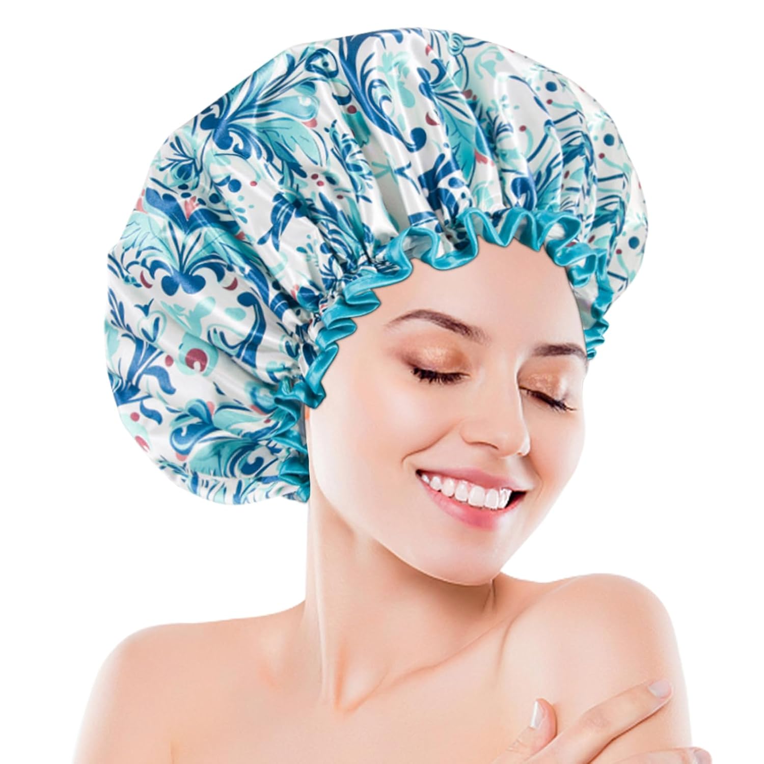 Amazon.com : Aquior Shower Cap, Reusable Shower Caps for Women, Double ...