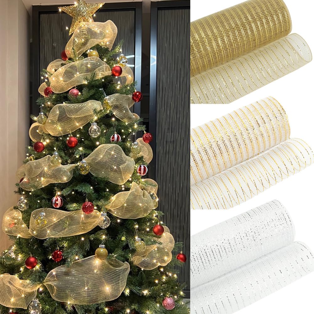 Amazon.com: Gold Glitter Ribbon Wire Mesh Netting Ribbon Gold Christmas ...