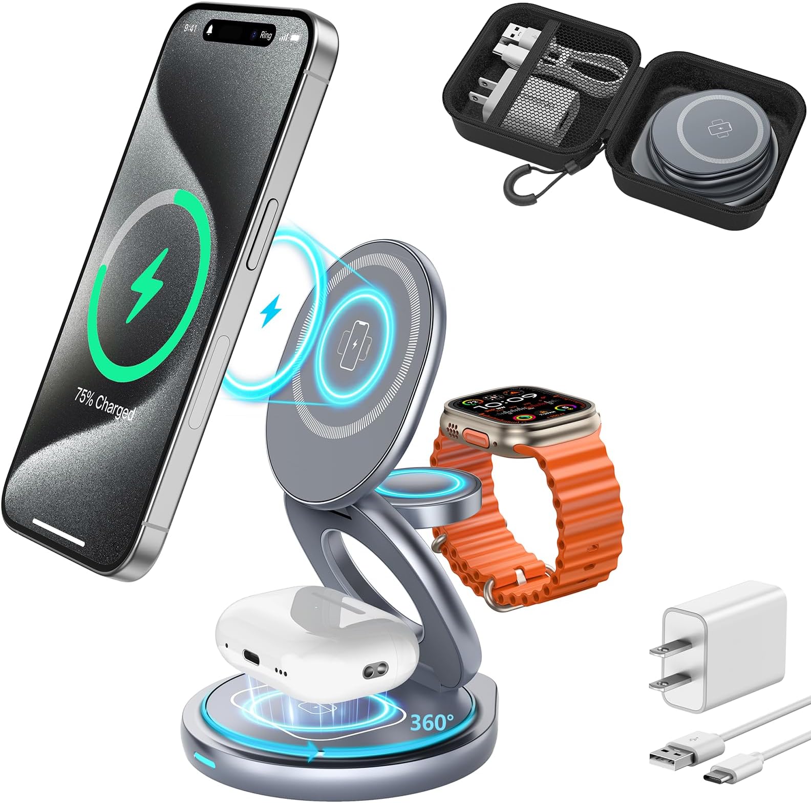 Amazon.com: 3 in 1 Charging Station for Multiple Devices, Foldable ...