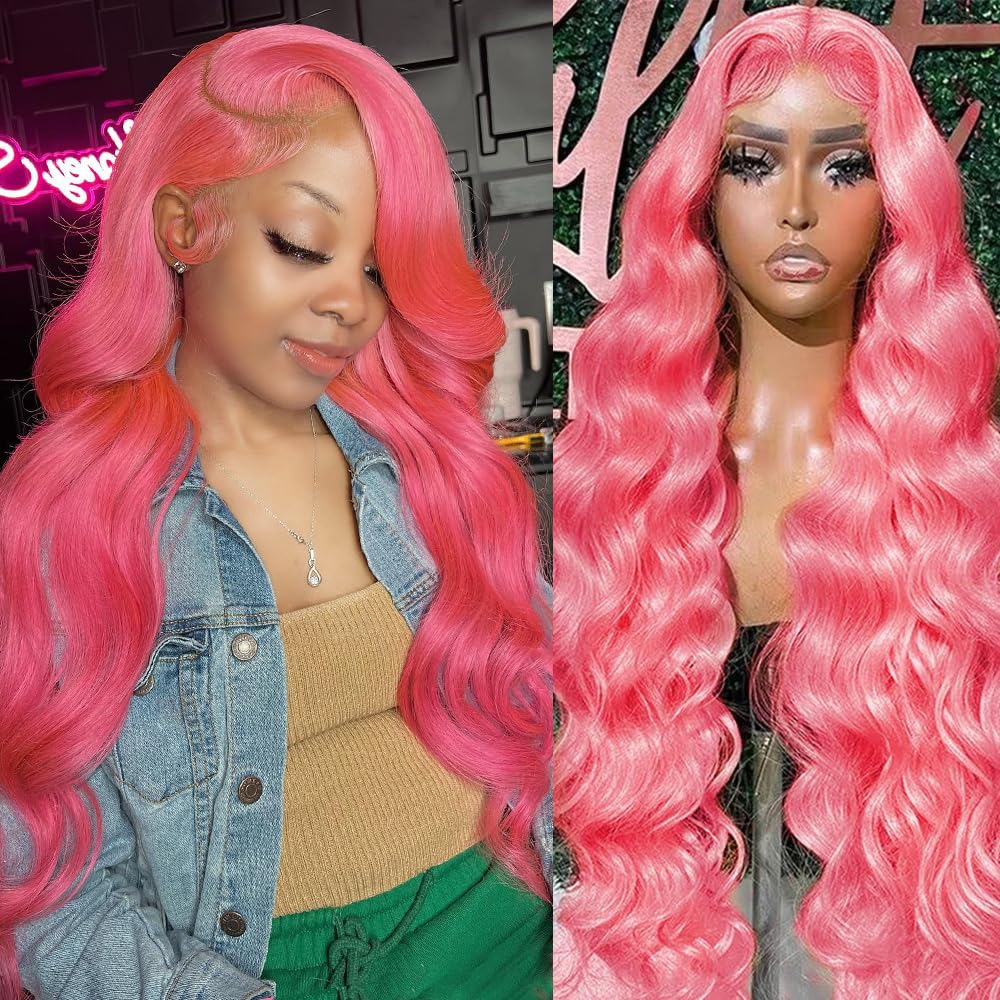 Amazon.com : Otinid Pink Lace Front Wig Human Hair Colored 200 ...
