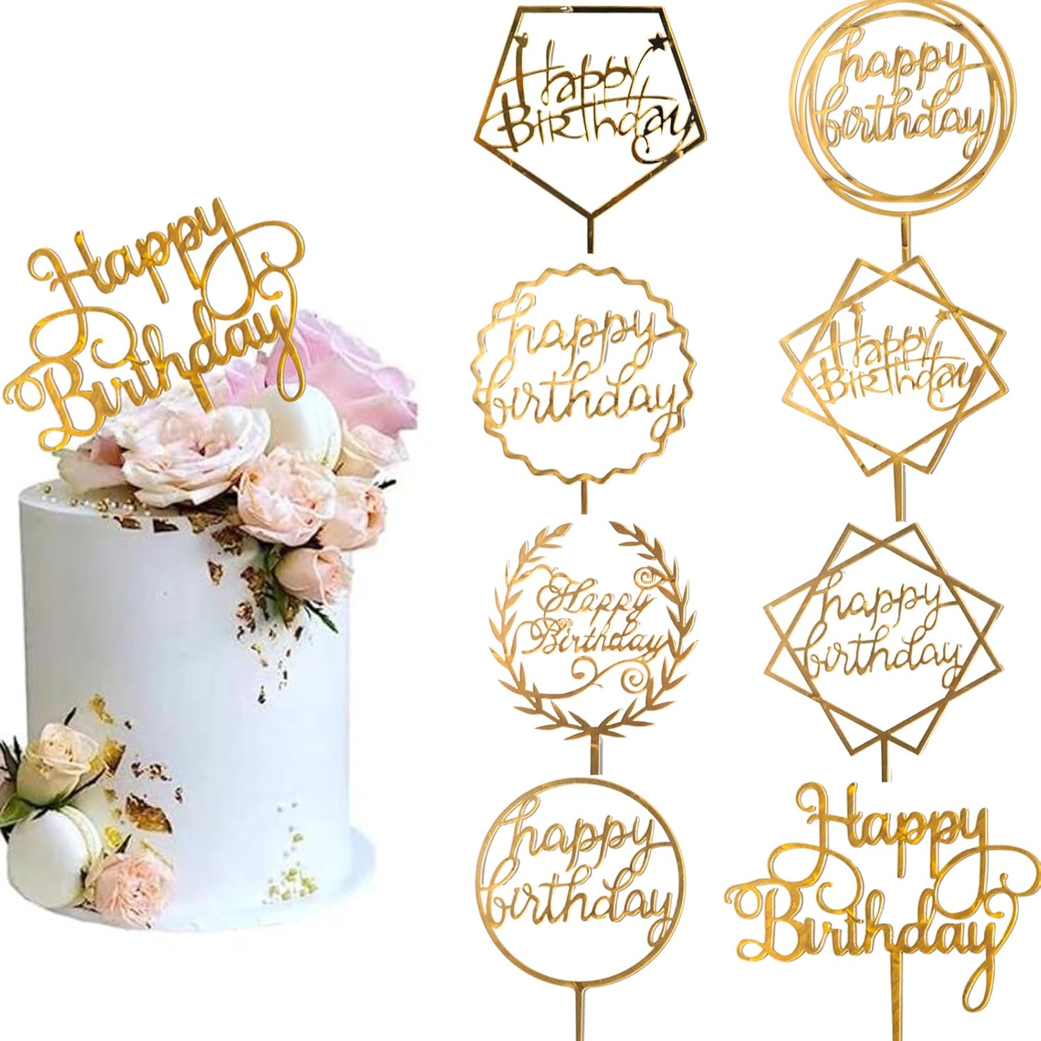 Amazon.com: Gaduupa Gold Birthday Cupcake Topper 8 Style Happy Birthday ...