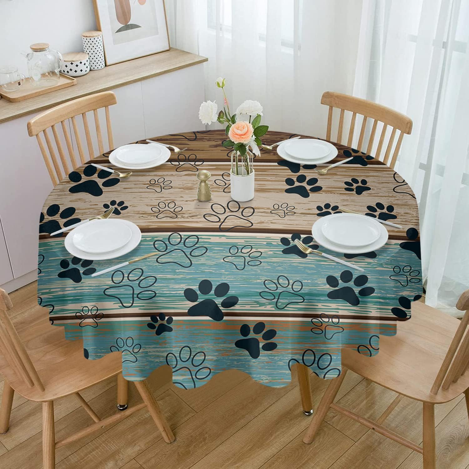 Amazon.com: DecorLovee Dog Paw Print Round Tablecloth 60 Inch - Rustic ...