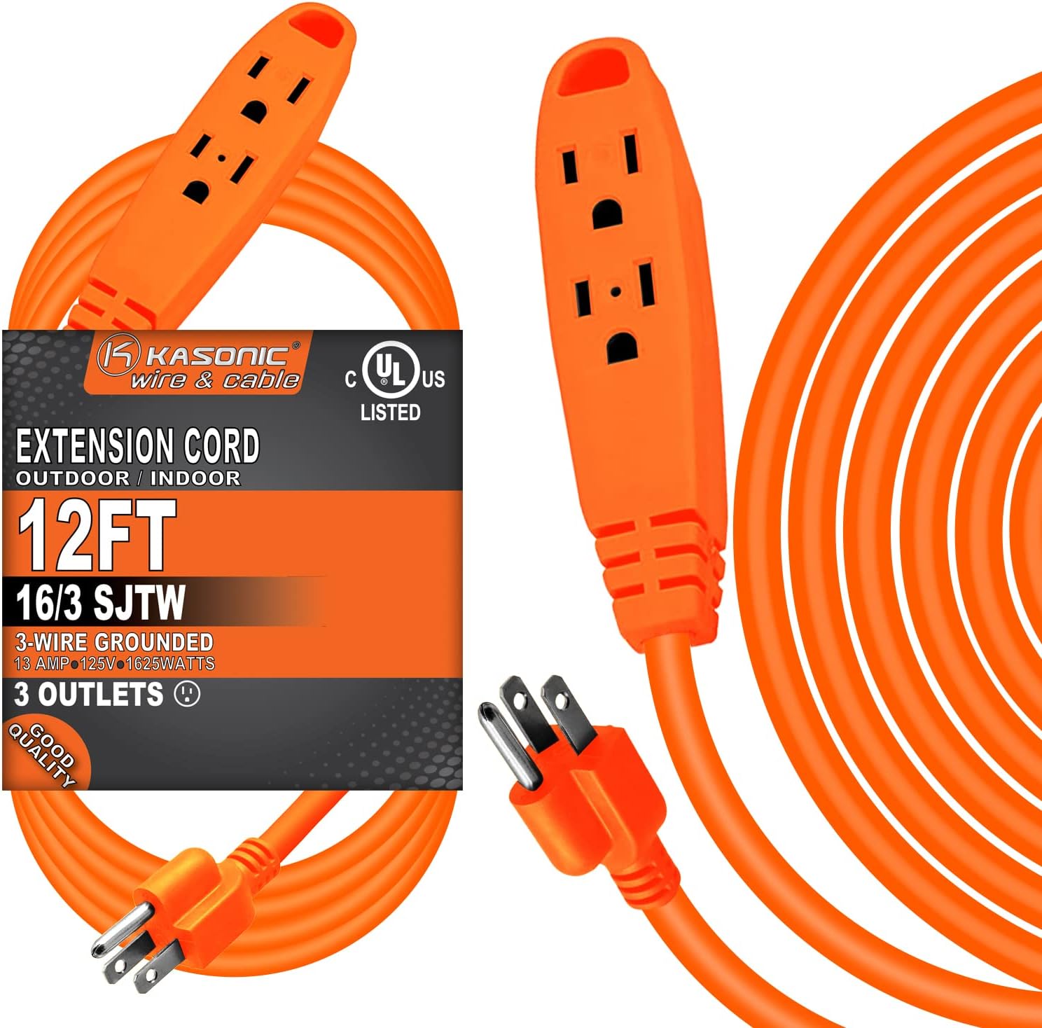 Amazon.com: 12-Feet 3 Outlet Extension Cord, Kasonic UL Listed, 16/3 ...