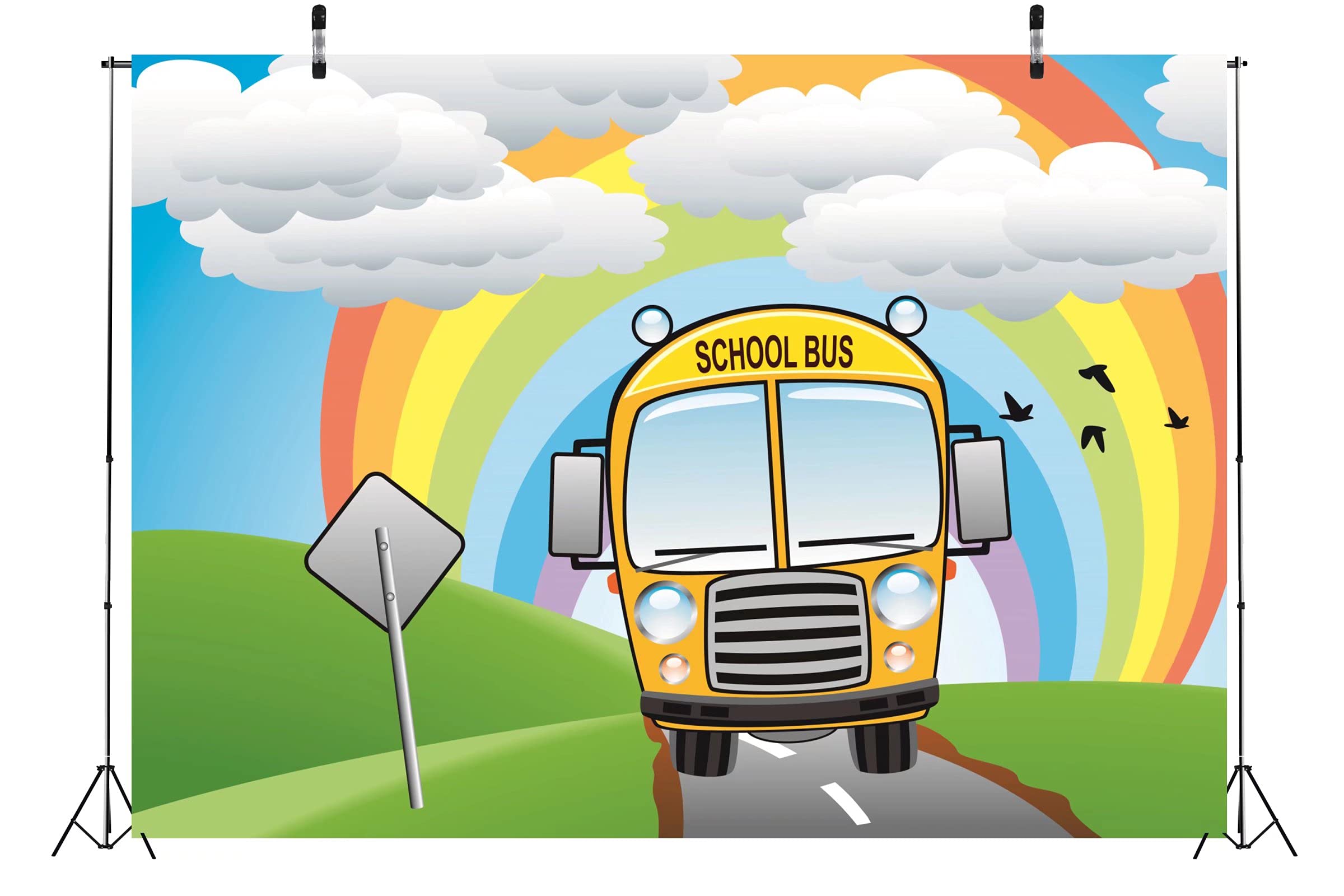 Snapklik.com : 5x3ft Fabric Day Of School Backdrop Rainbow School Bus ...