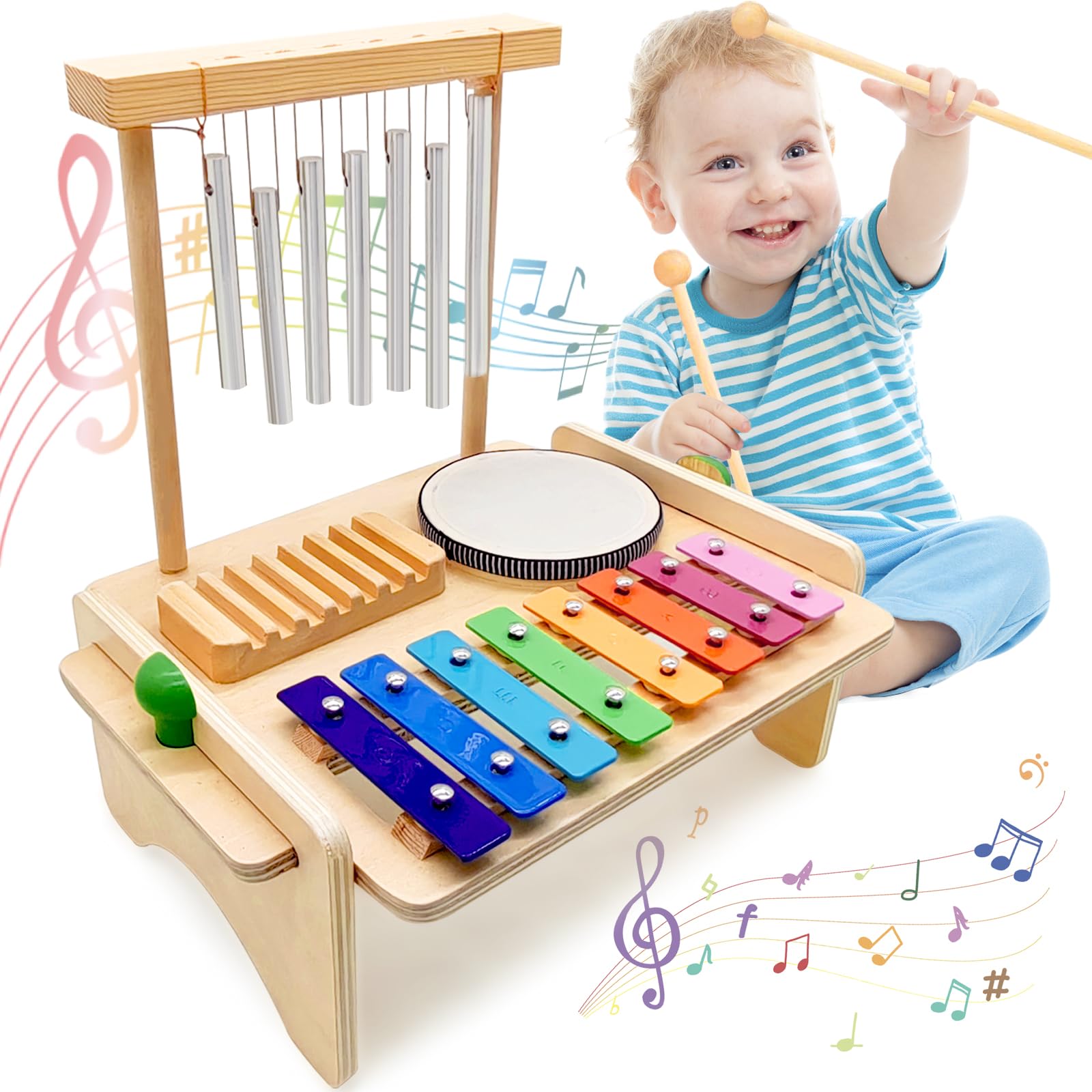 Kids Drum Kit, Baby Drum Musical Instruments Toys for 1 Year Old,Wooden ...