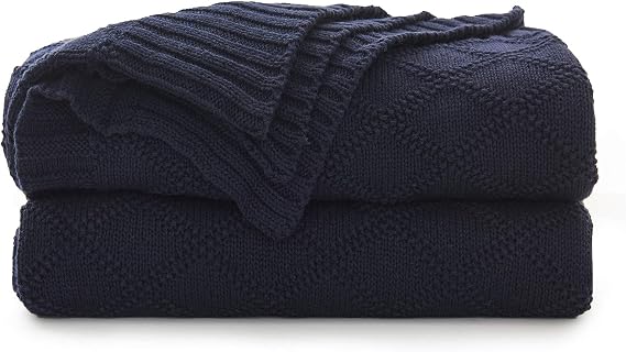 Amazon.com: 100% Cotton Navy Blue Cable Knit Throw Blanket with Bonus ...