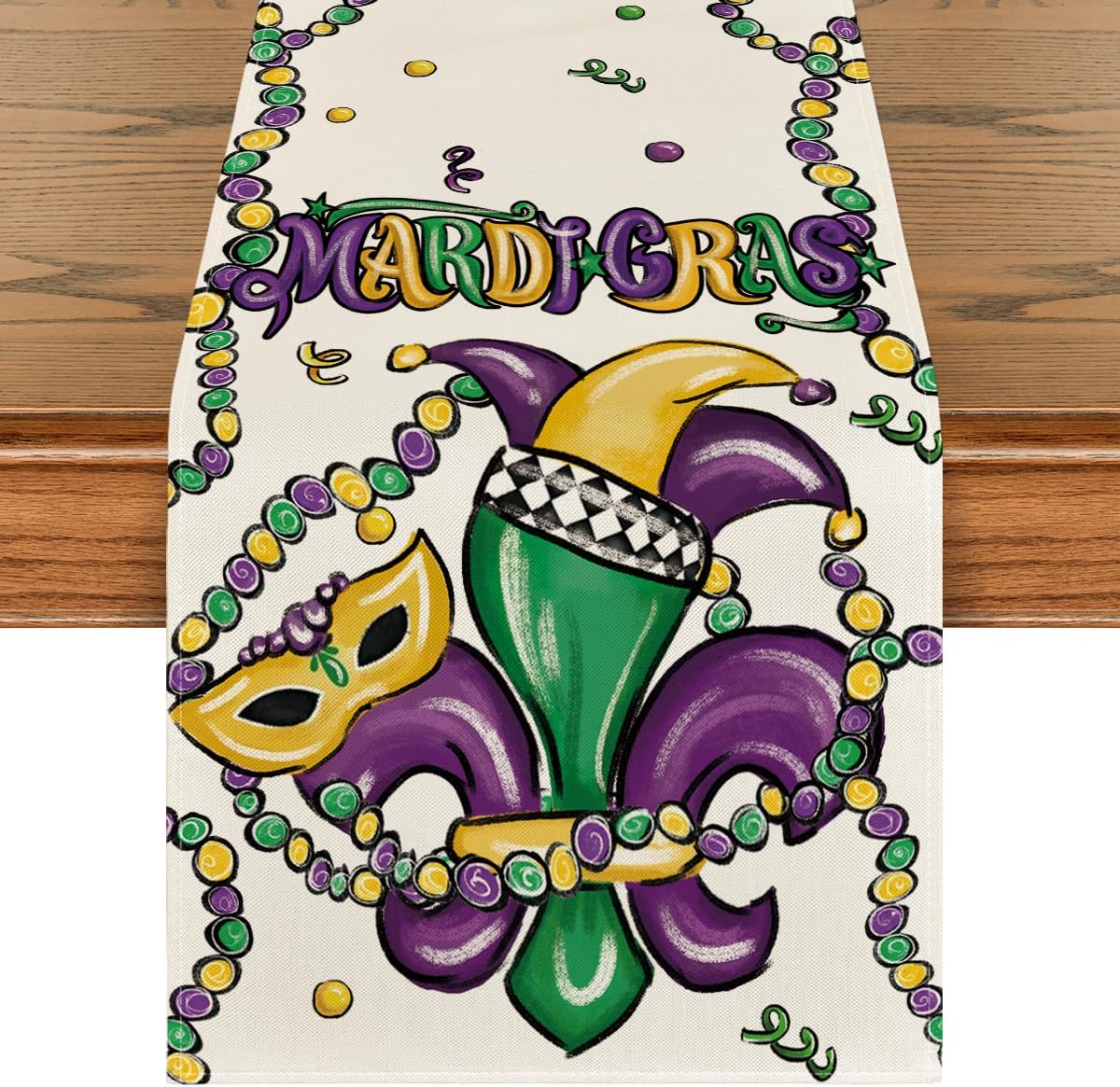 Amazon.com: Linen Mardi Gras Table Runner Purple Mask Beads Iris Fleur ...
