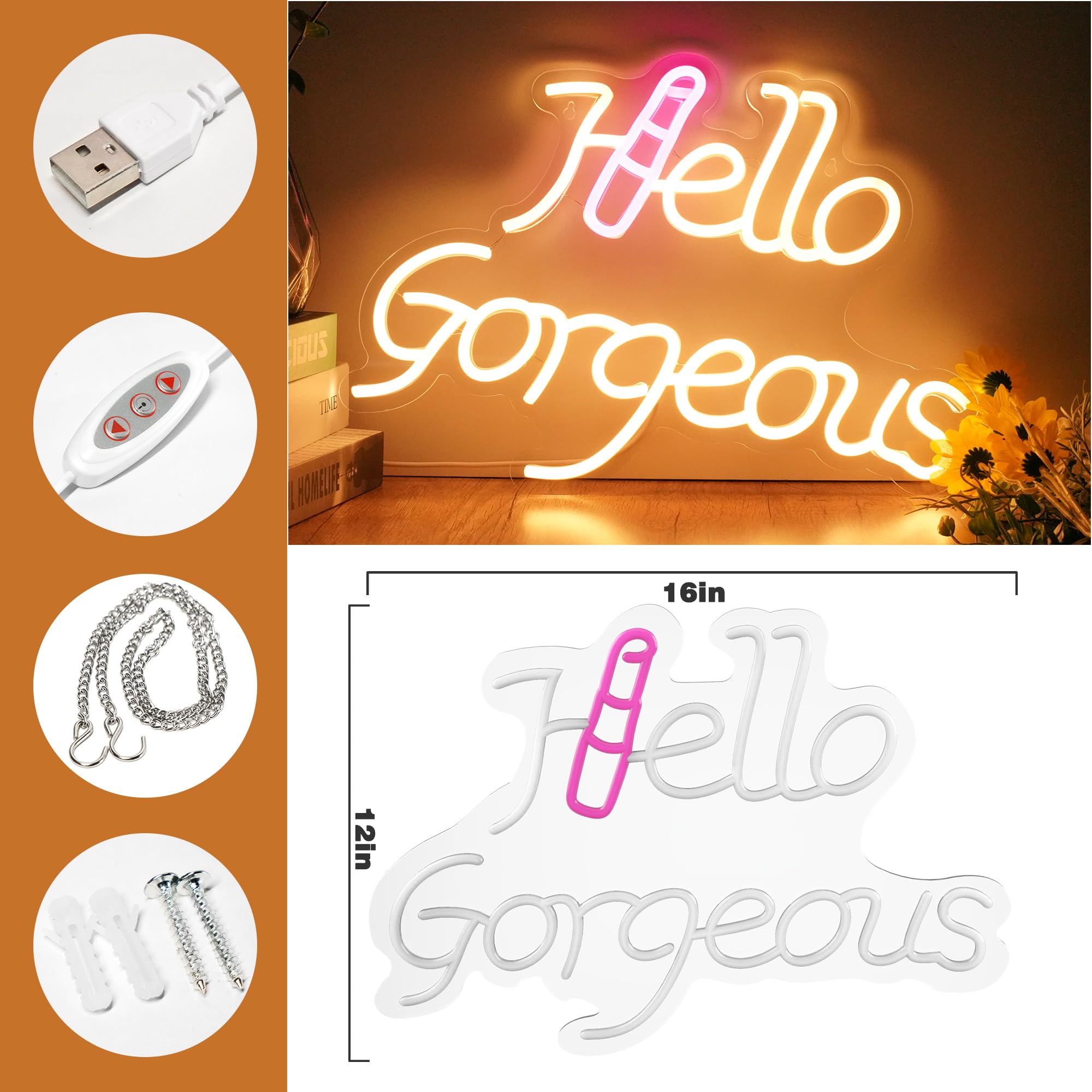 Snapklik.com : 16x12 Hello Gorgeous Neon Sign For Bedroom - Dimmable ...