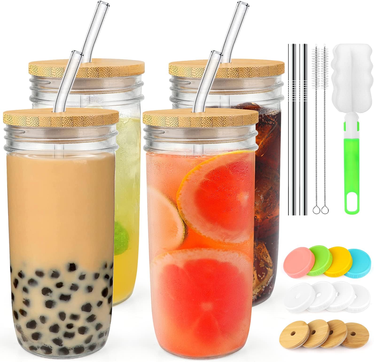 Amazon.com: NETANY [ 4 Pack ] Glass Cups Set - 24oz Mason Jar Drinking ...