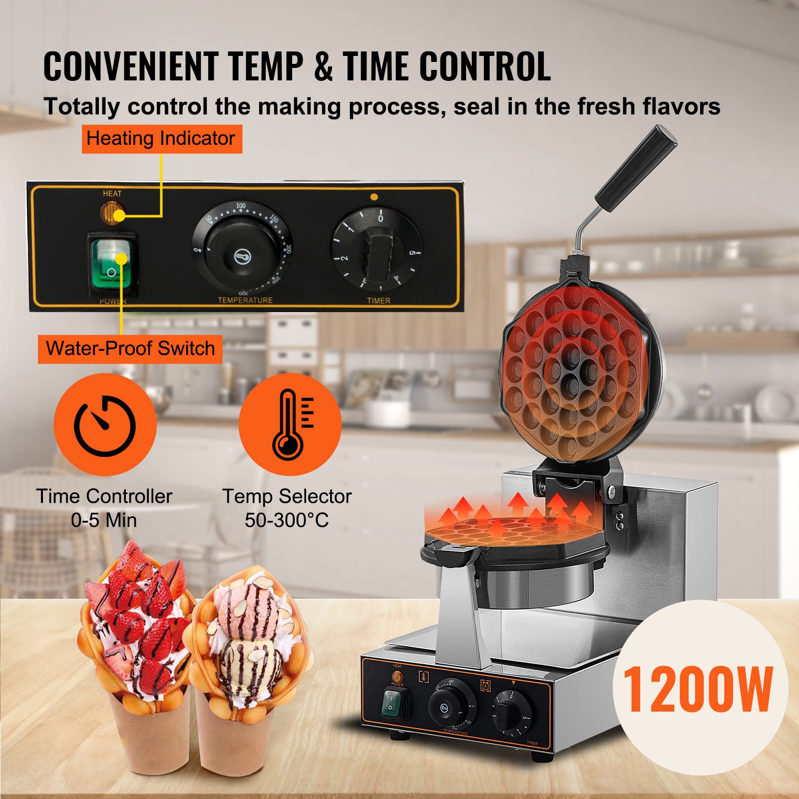 VEVOR Commercial Bubble Waffle Maker, 1200W, Hexagonal Egg Bubble Puff ...