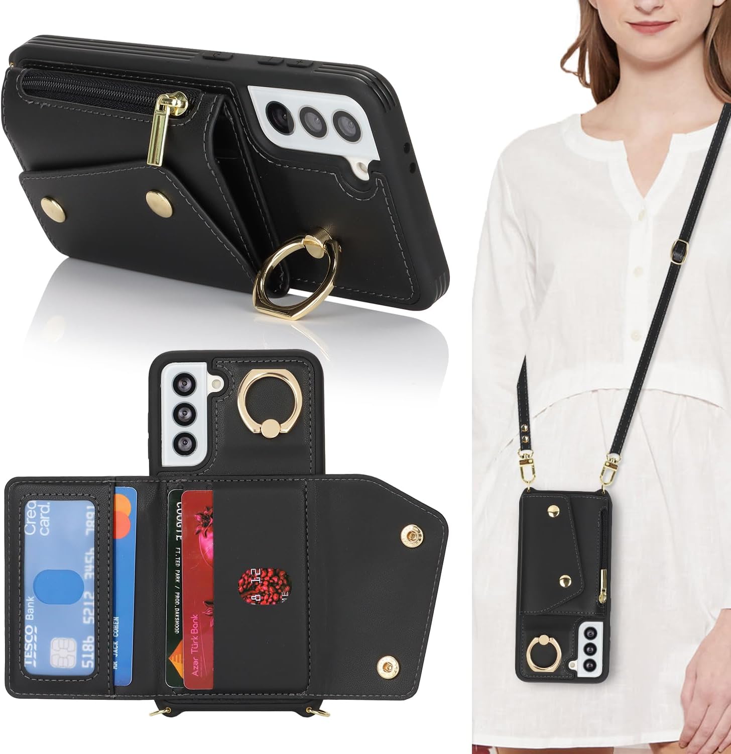 Amazon.com: Lipvina for Samsung Galaxy S21 Case with Card Holder and Strap - Zipper Pocket ...