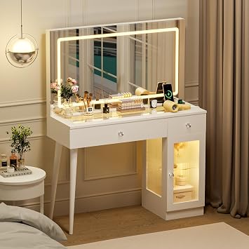 Pamapic Dressing Table with LED Light, Vanity Desk with Glass Top ...