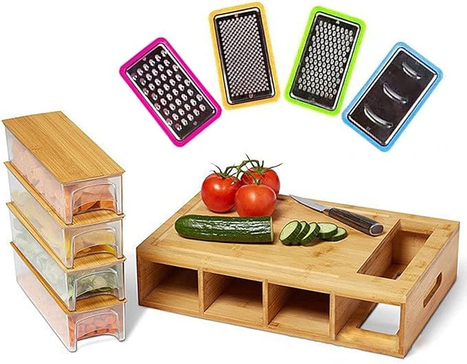 Amazon.com: Bamboo Cutting Board with Containers, Grater Storage Drawer ...