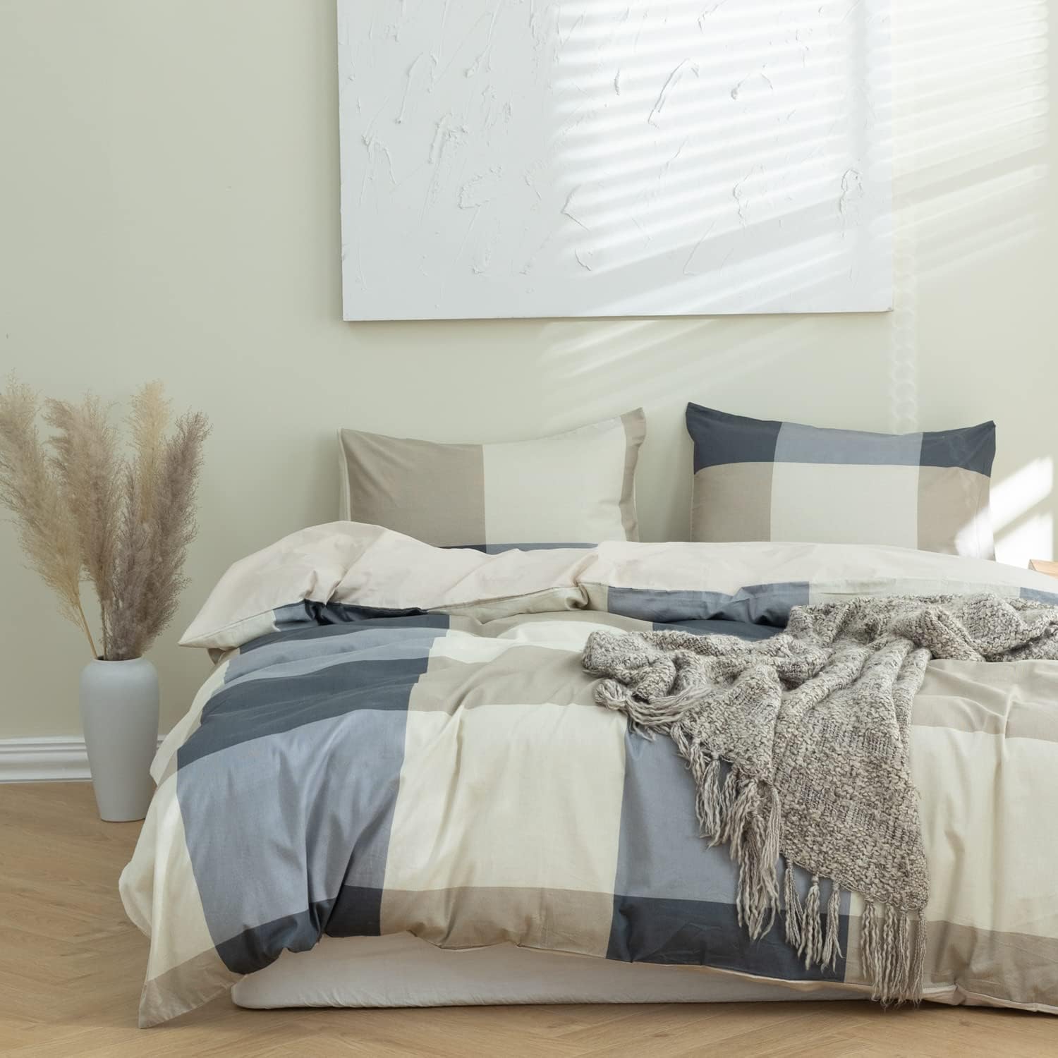 Amazon.com: Plaid Duvet Cover Queen, 100% Cotton 3 Pieces Plaid Bedding ...