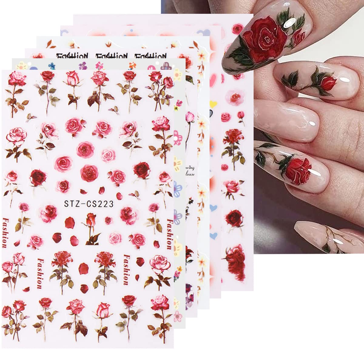 Amazon.com: 6 Sheets Vintage Rose Nail Art Stickers Decals 3D Floral ...