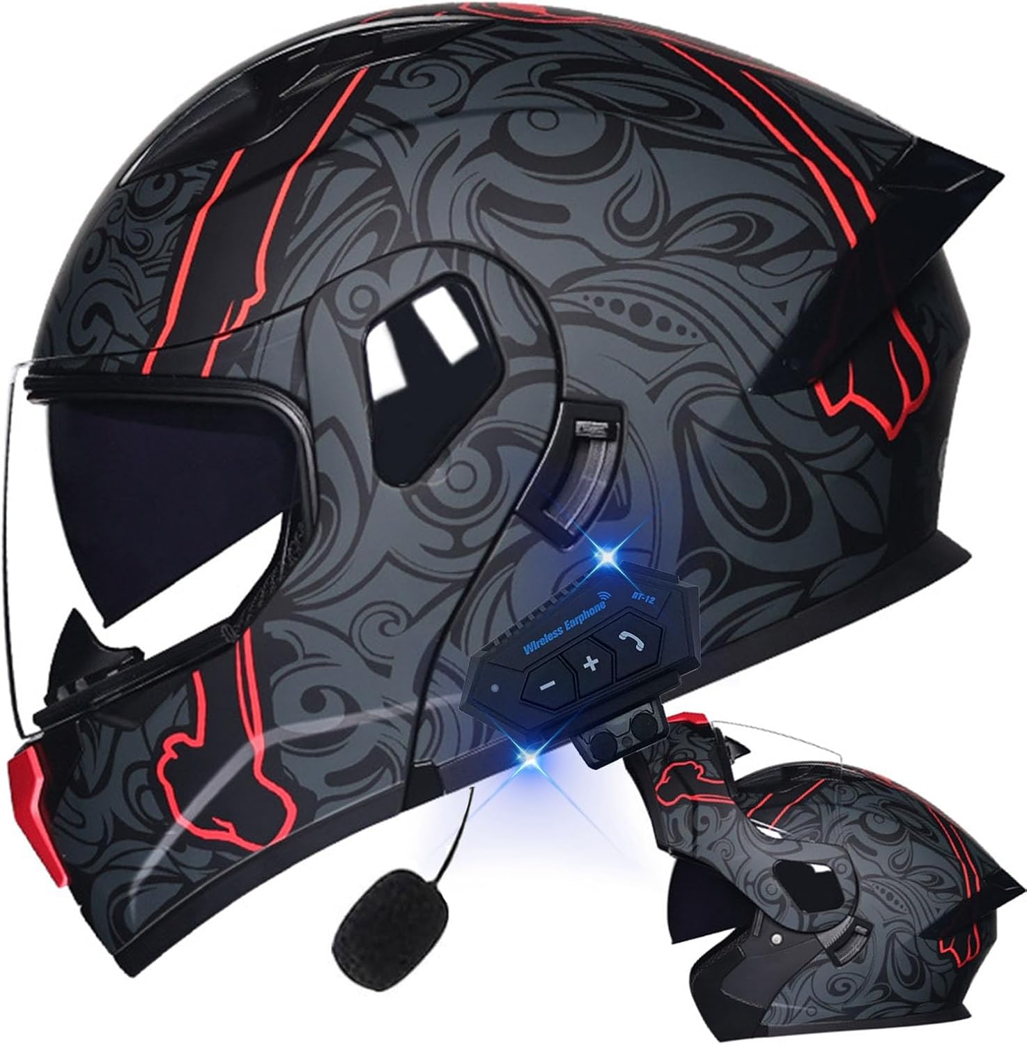 Amazon.com: Bluetooth Modular Motorcycle Helmet Dual Visor Flip Up Full ...