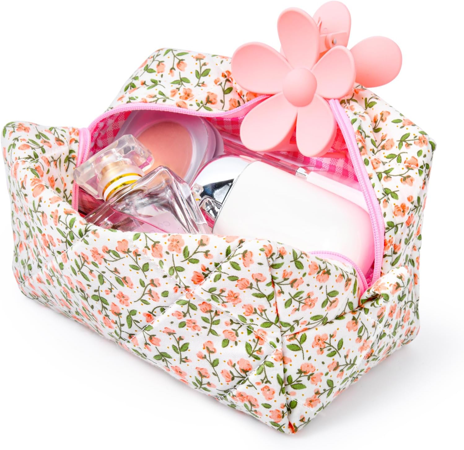 SOIDRAM Quilted Makeup Bag Floral Cosmetic Bag Puffy Coquette Makeup ...