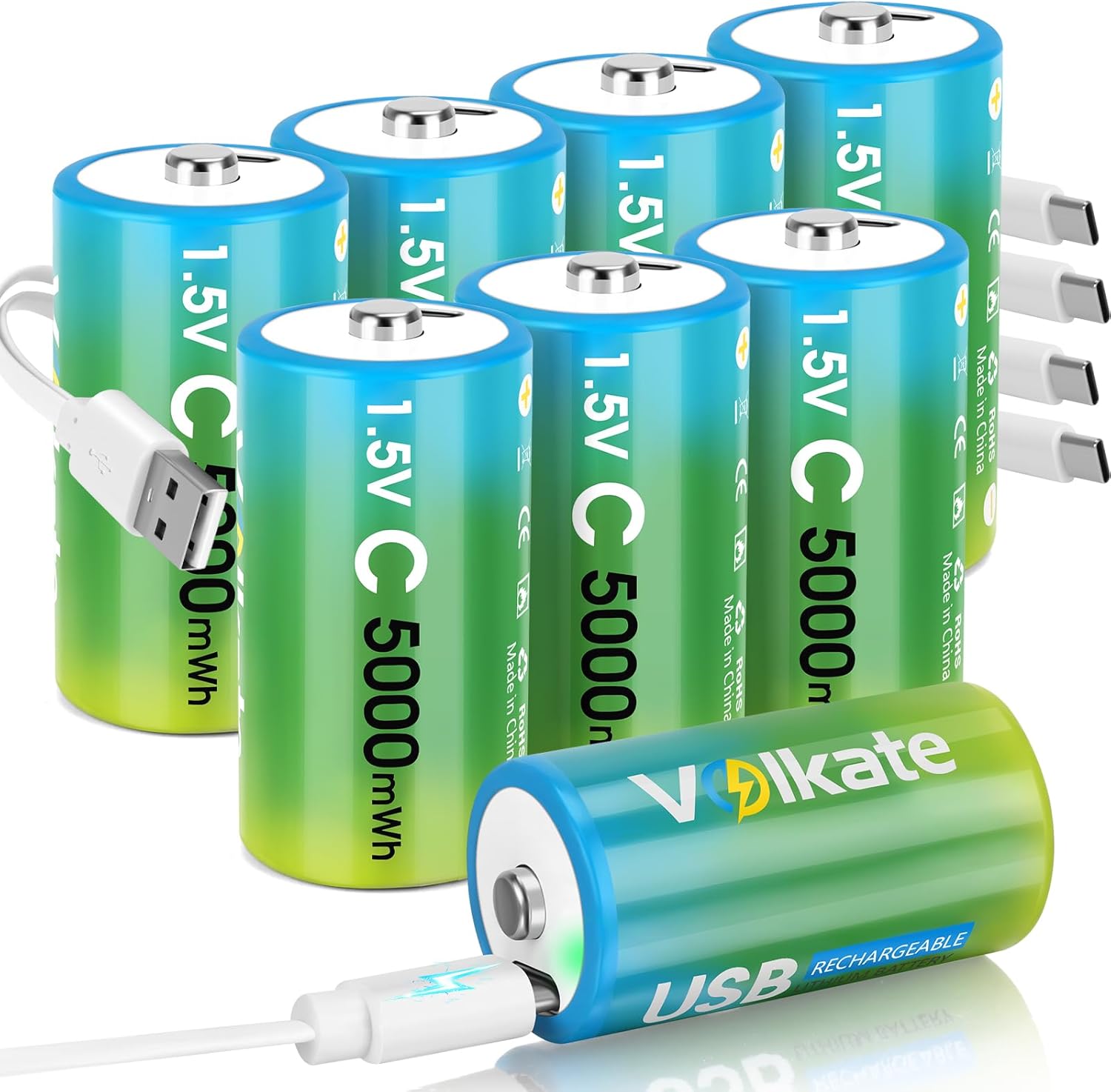 Amazon.com: volkate C Batteries 8 Pack, USB Rechargeable Lithium C Cell ...