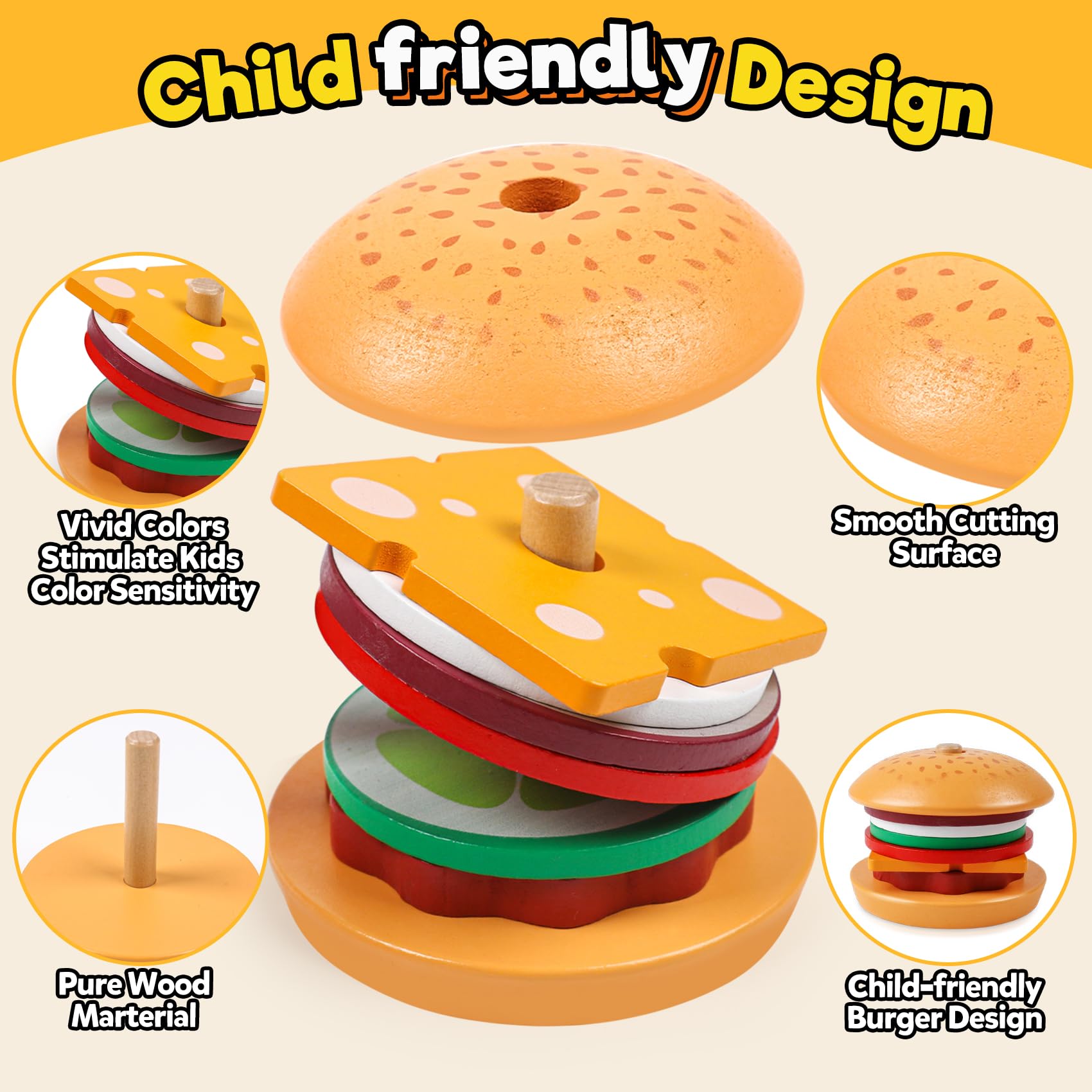 Snapklik.com : Kizh Wooden Burger Sorting Stacking Toy For Toddlers