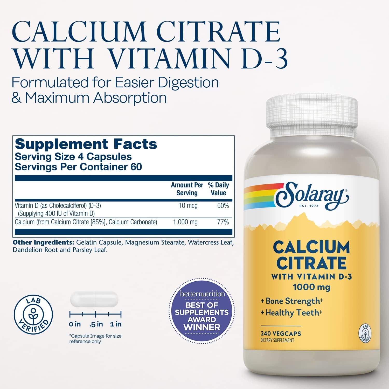 Solaray Citrato de calcio con vitamina D3 1000 mg huesos y dientes ...