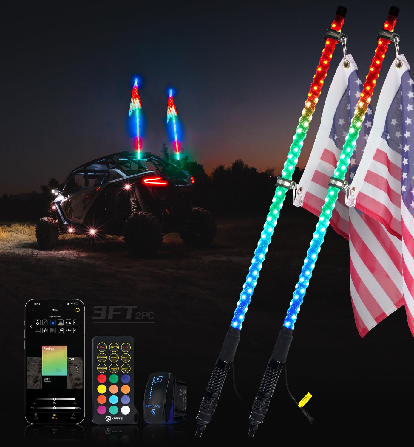 Snapklik.com : Xprite 2PC 3FT Spiral RGBW LED Whip Light