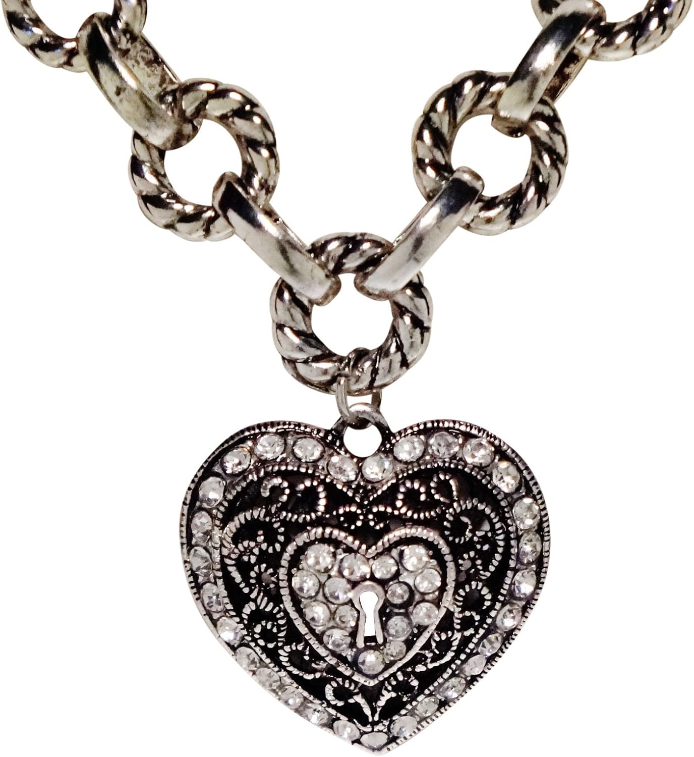 Amazon.com: Necklace - Silver Tone and Rhinestone Encrusted Heart ...