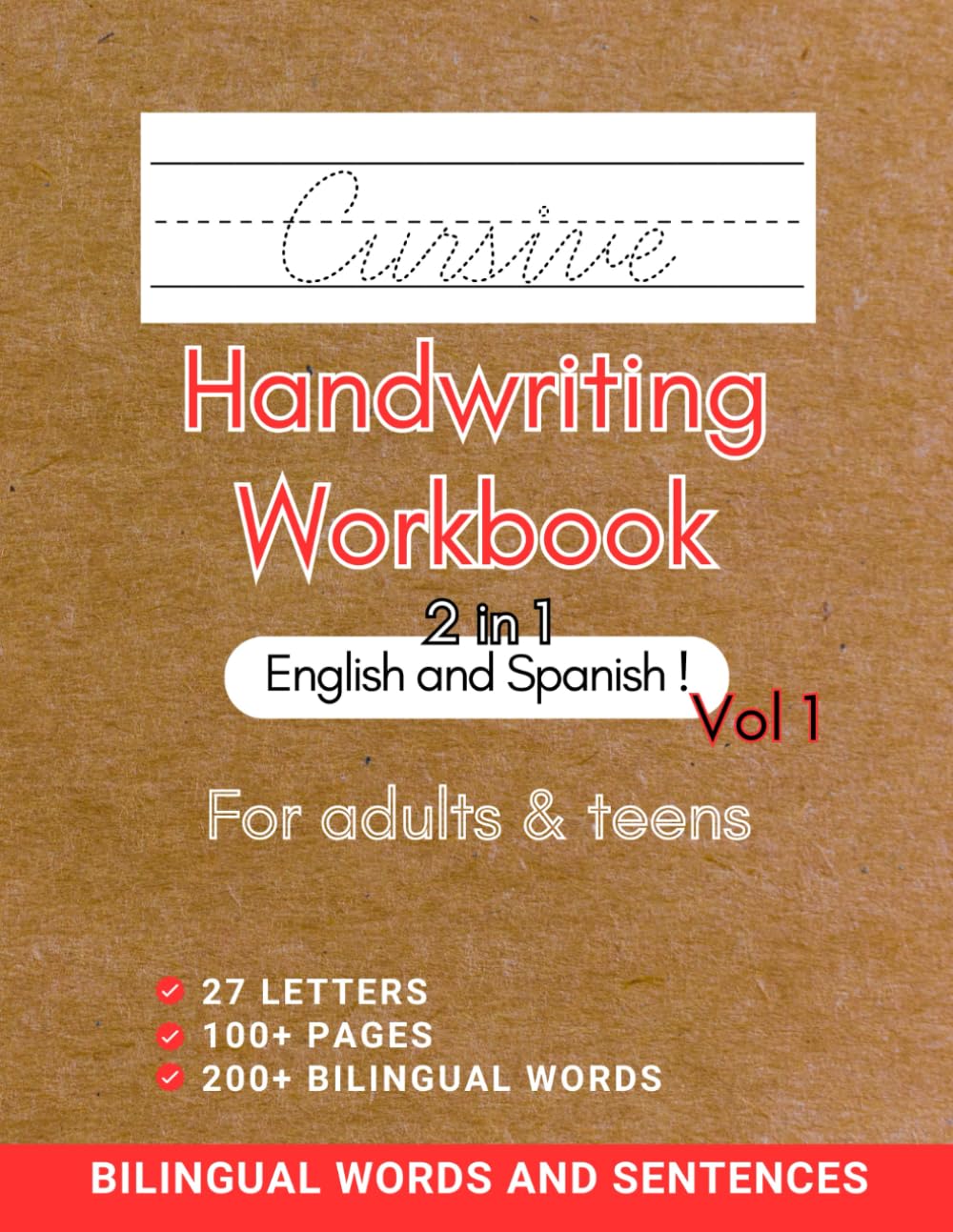 Cursive Handwriting Workbook, English and Spanish Words: Vol1, 2 in 1 ...