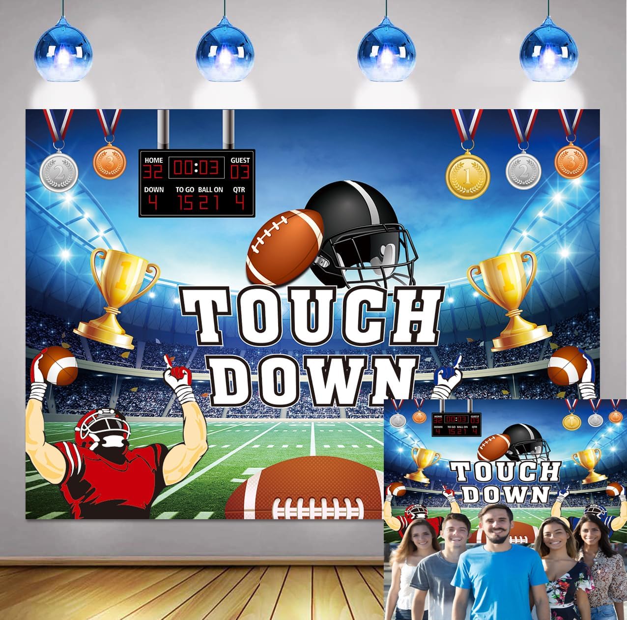 Football Party Backdrop Touch Down Sports Match Medal Trophy Football ...
