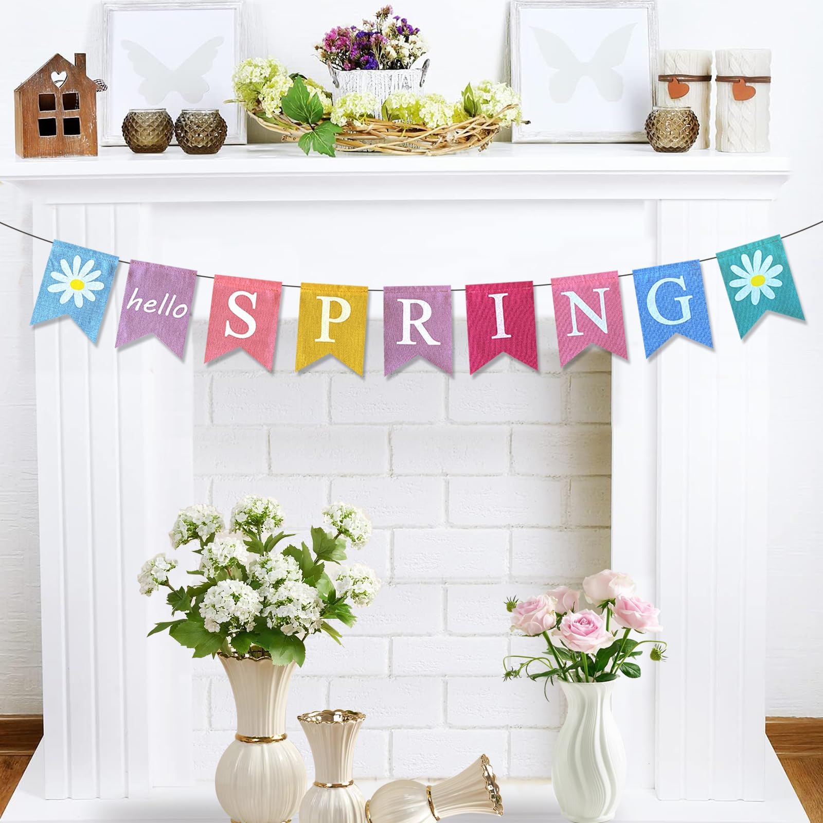 Amazon.com: FHGG Happy Spring Banner Flower Banner Colorful Glittery ...