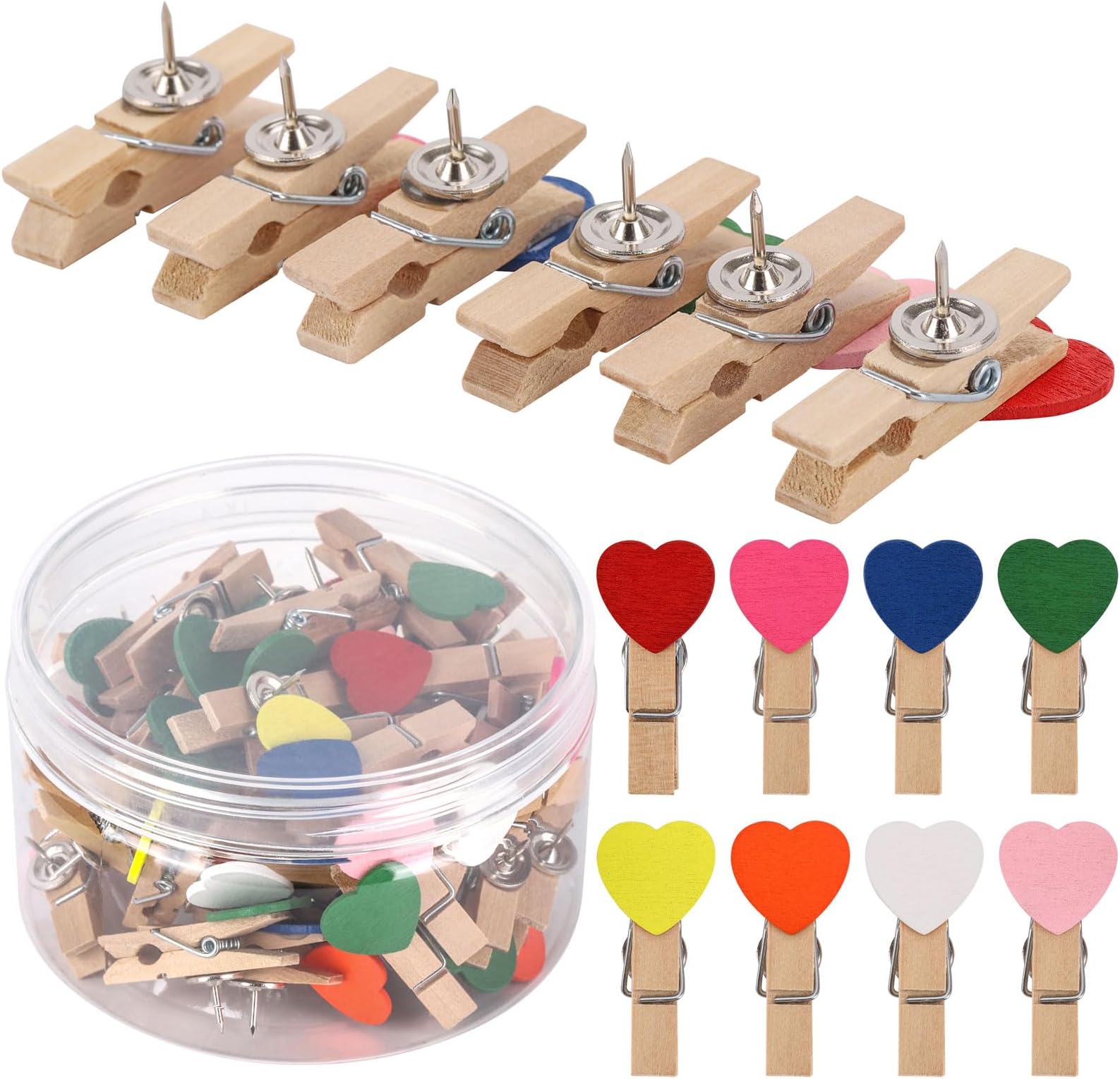 Amazon.com: 100Pcs Push Pins with Wooden Clips with Heart Push Pin ...