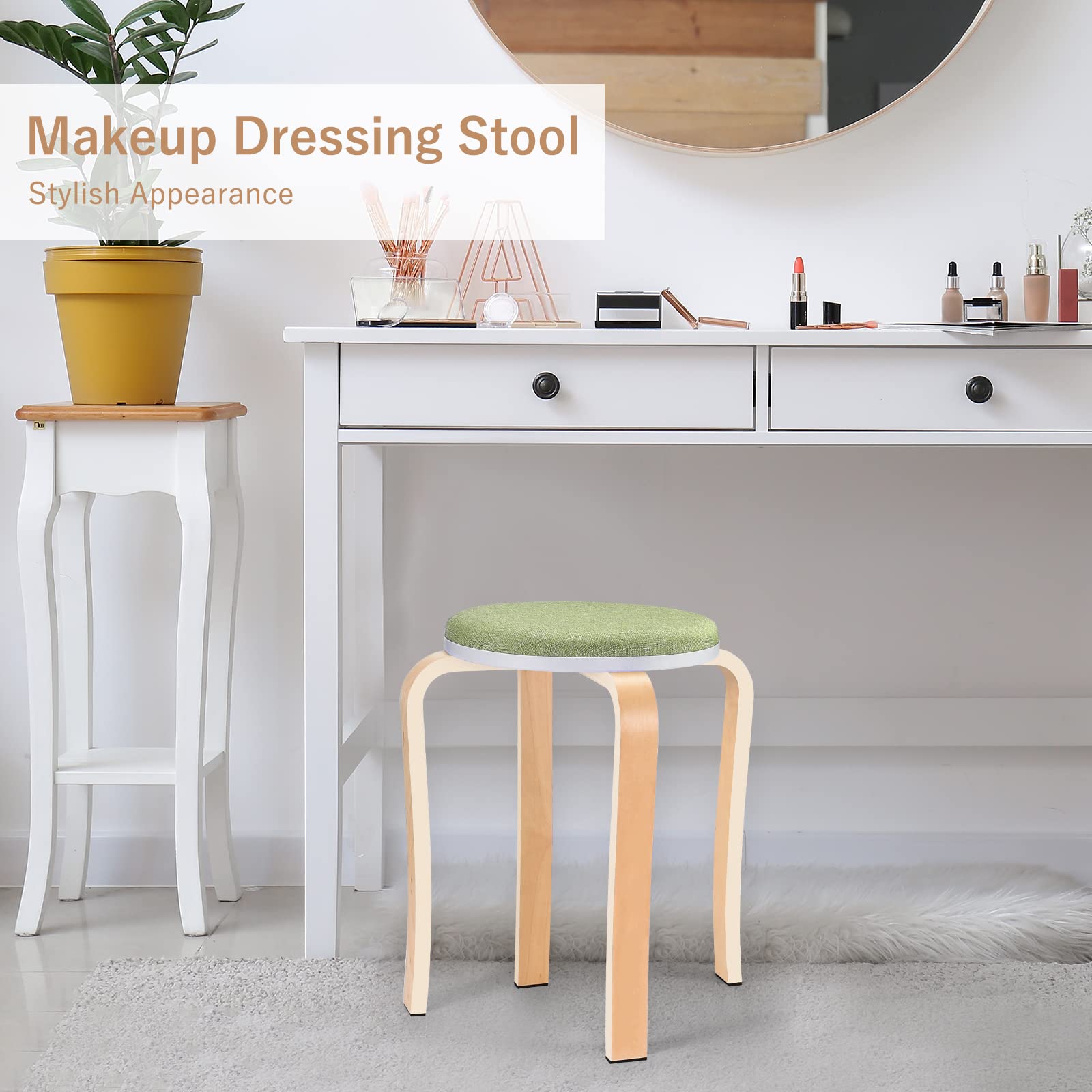 WINZONE Wood Stools, Set of 2 Round Upholstered Backless Stackable ...