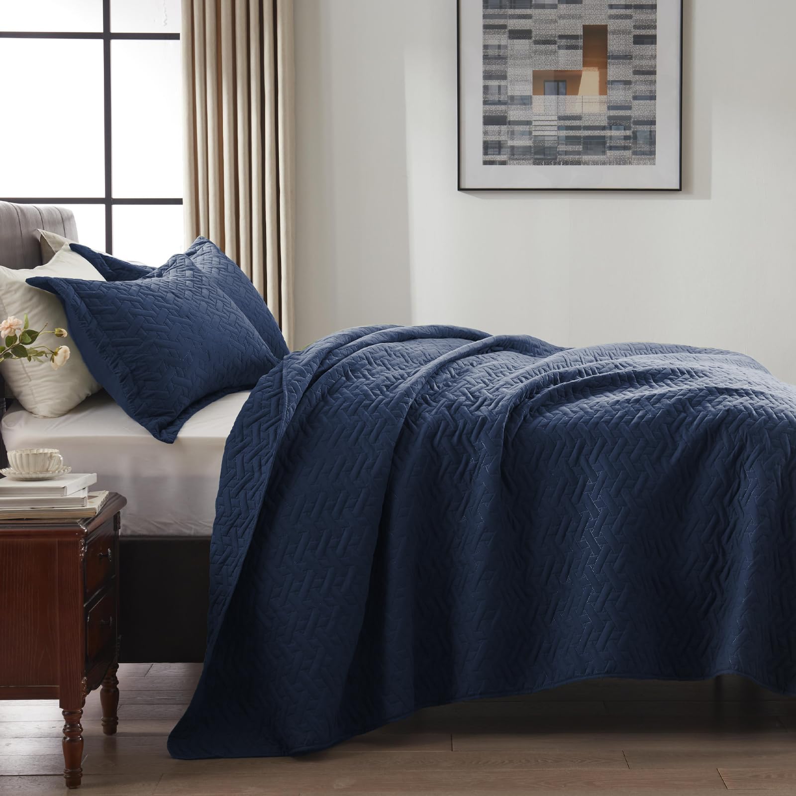 YSTHER Navy Blue King Size Quilt Set, Bedspreads&Coverlets, Three Piece ...