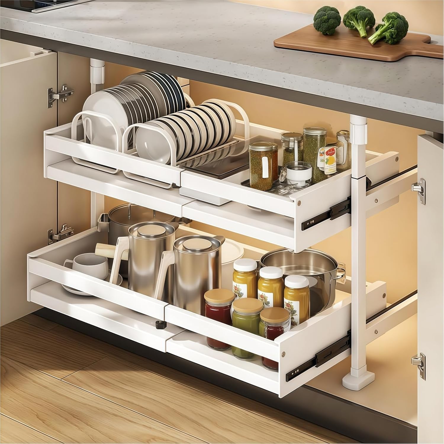 BBTEQEKN 2 Tier Pull Out Cabinet Organizer, 15.3" Deep, Adjustable ...