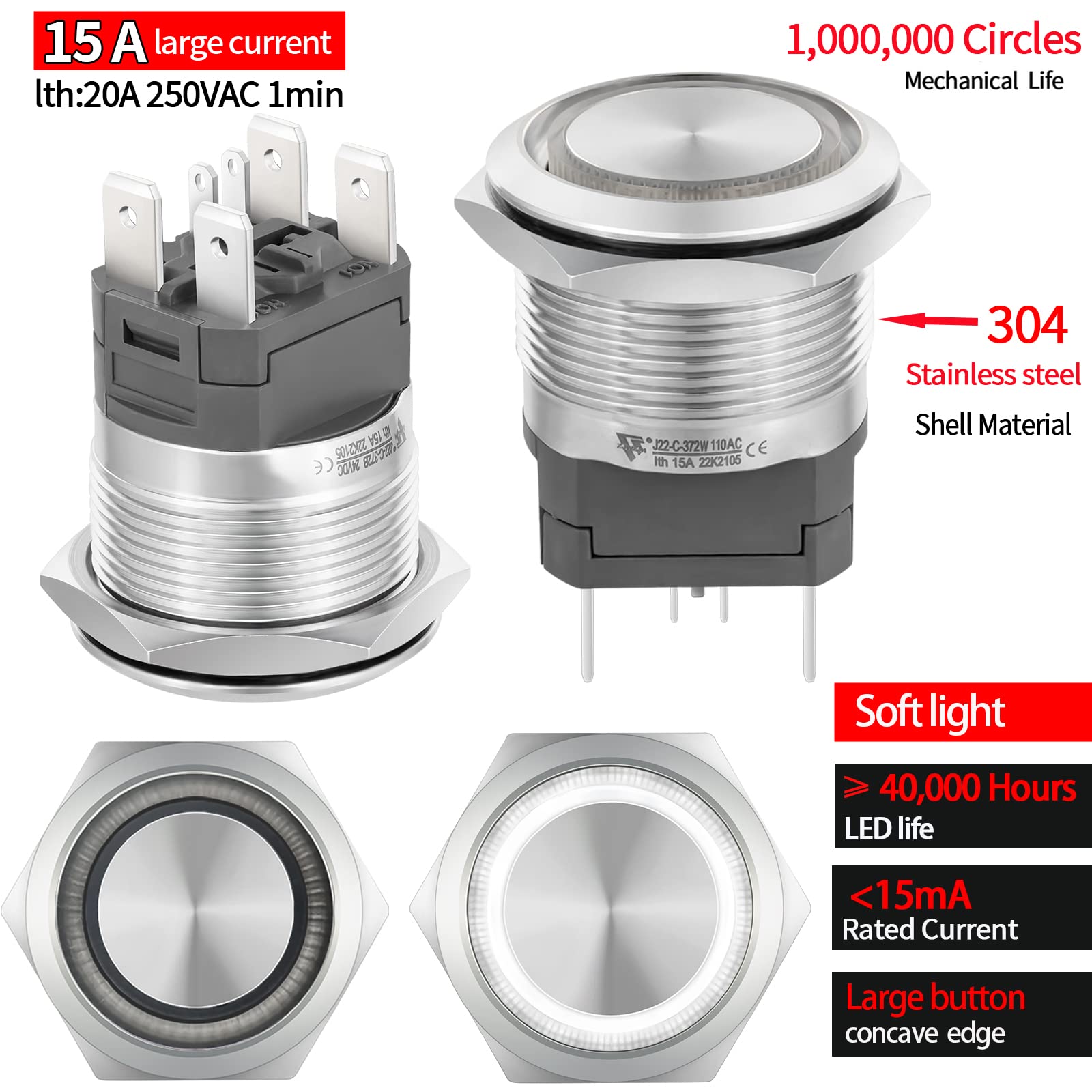 Snapklik.com : 22mm Push Button Switch 15A 110V/120V Latching 2NO DPST Angel Eye LED Stainless ...