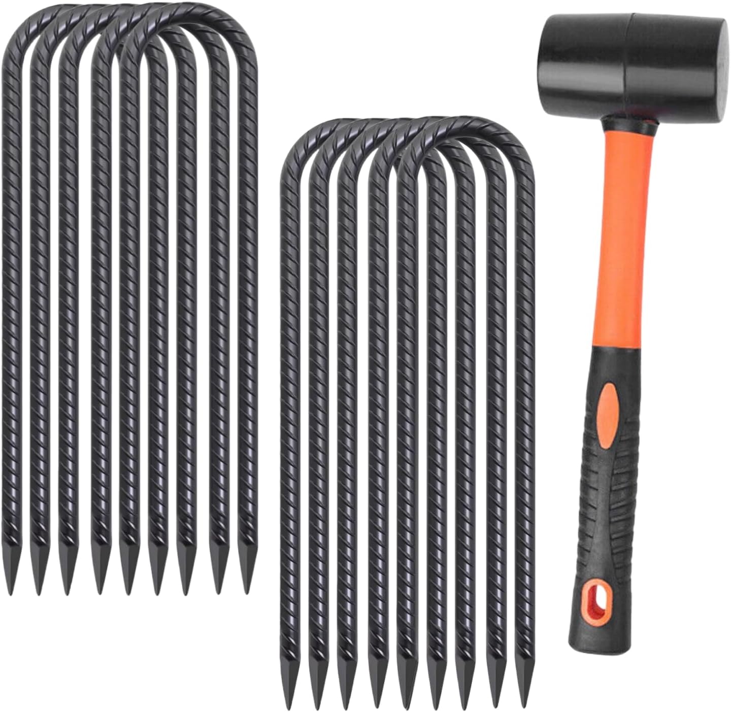 10PCS Rebar Stakes with Hammer, 10Inch Black Heavy Duty Galvanized Tent ...