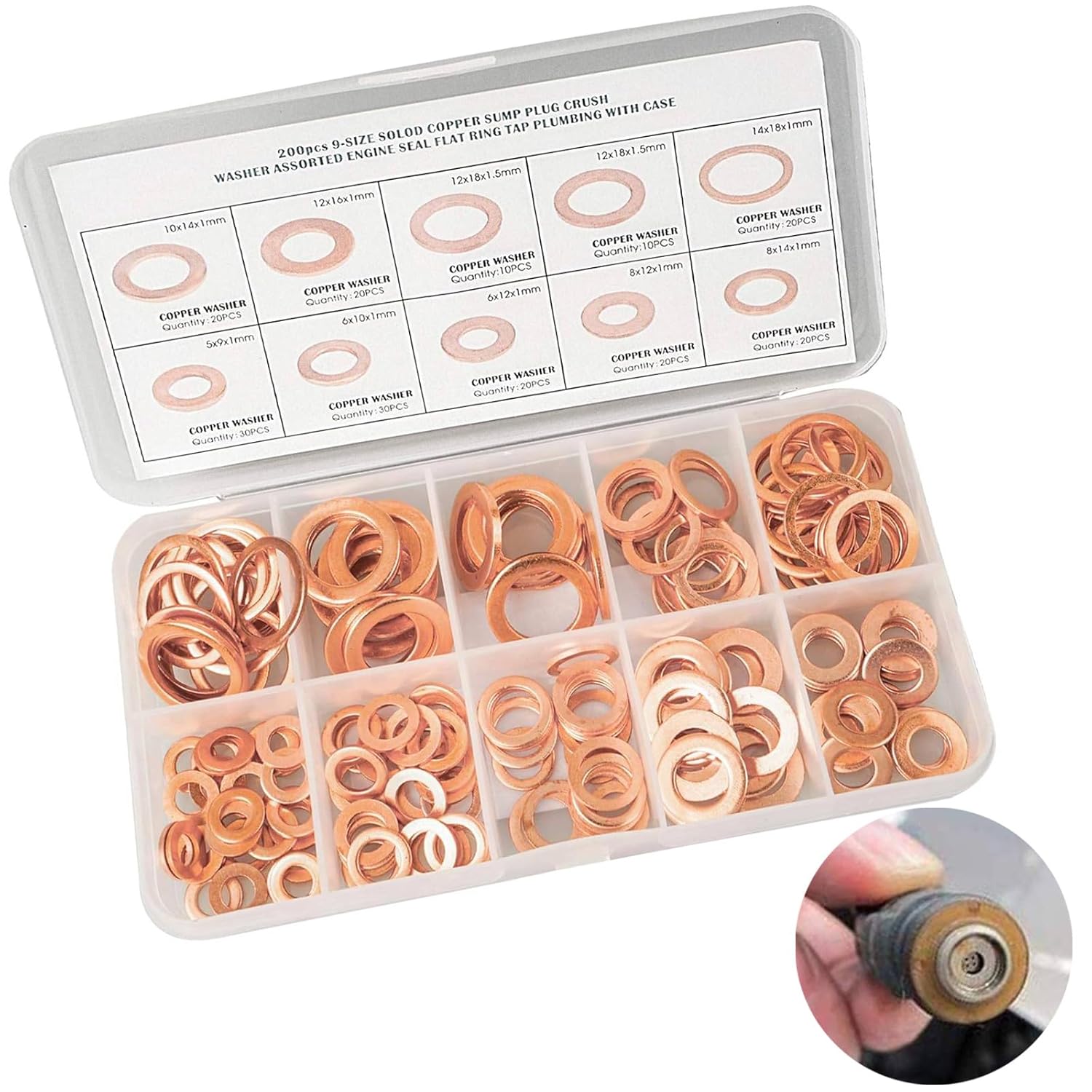 200 Pcs Multi size Solid Copper Washers Set, M5-M14 Sizes Metric Washer ...