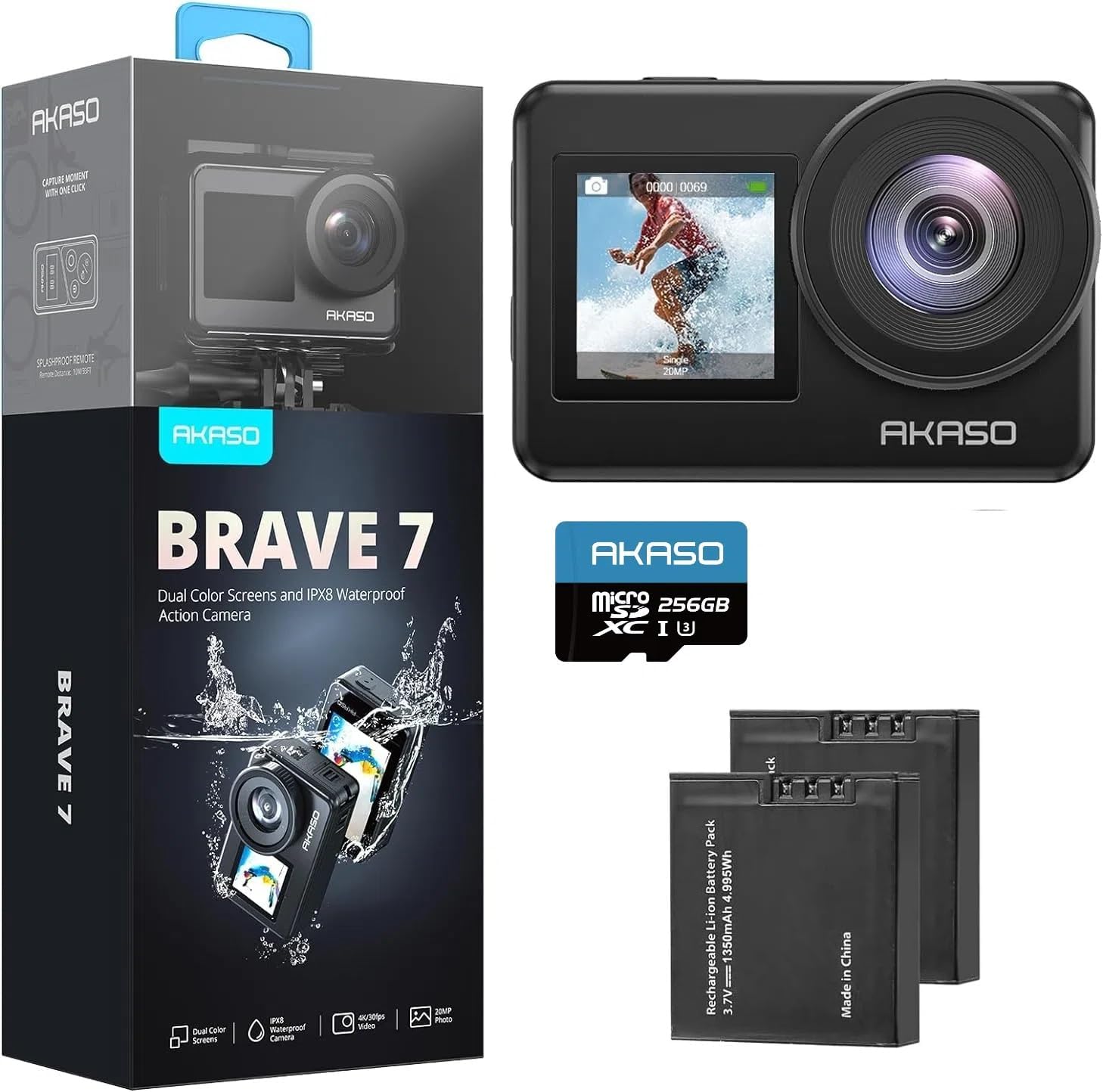 AKASO Brave 7 Action Camera 4K60FPS 20MP with 256GB U3 MicroSDXC Memory ...