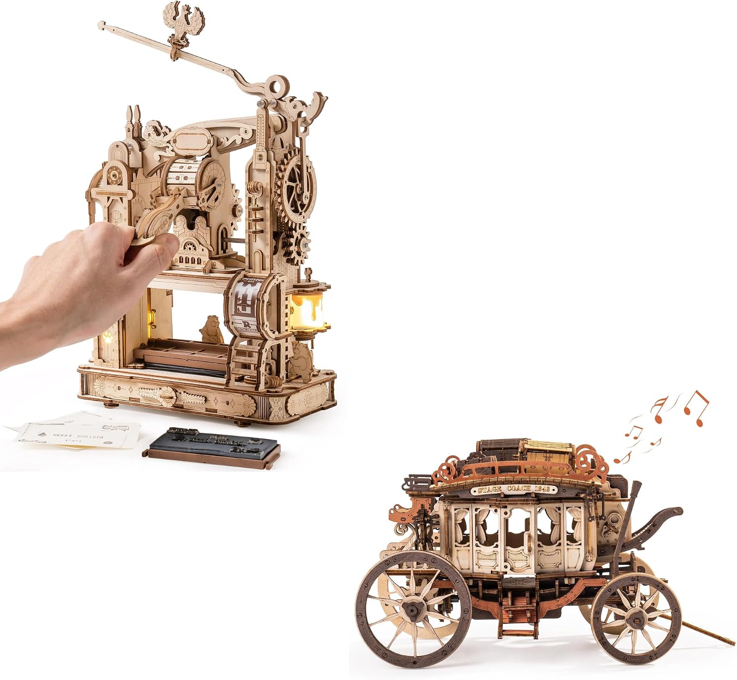 Amazon.com: ROBOTIME Printing Press Wooden Puzzle & Stagecoach Music ...