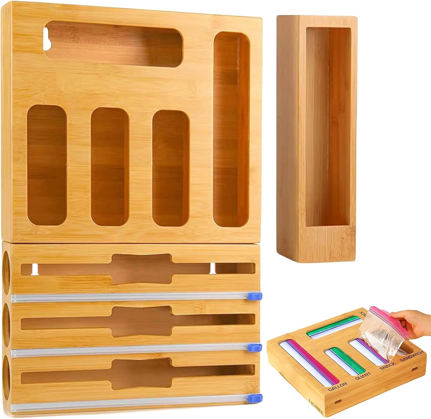 ALWIDA Ziploock Bag Organizer, Wood Plaastic Wrap Dispenser Cutter ...