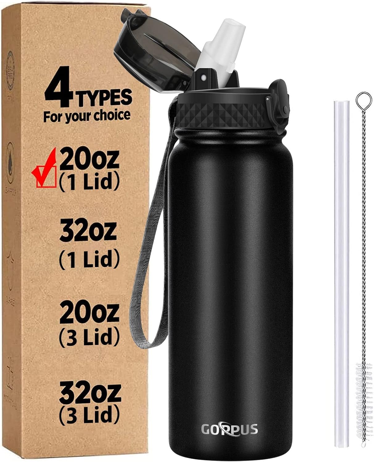 GOPPUS 20oz Insulated Stainless Steel Water Bottle with Straw Lid ...