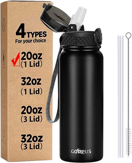 GOPPUS 20oz Insulated Stainless Steel Water Bottle with Straw Lid ...
