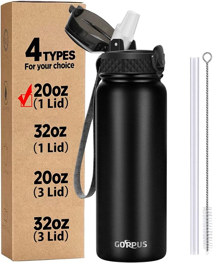 GOPPUS 20oz Insulated Stainless Steel Water Bottle with Straw Lid ...